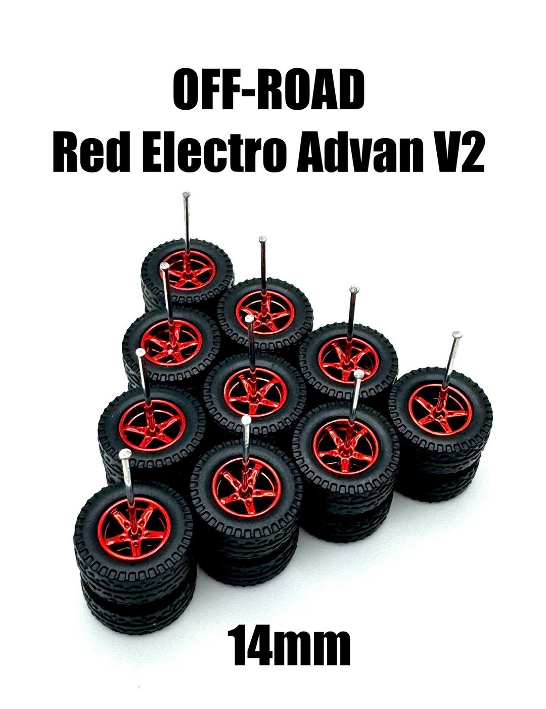 Advan V2 Red Electro OFF-ROAD (5 PACK Set) 14mm - 1/64 Scale W/ Rubber ...
