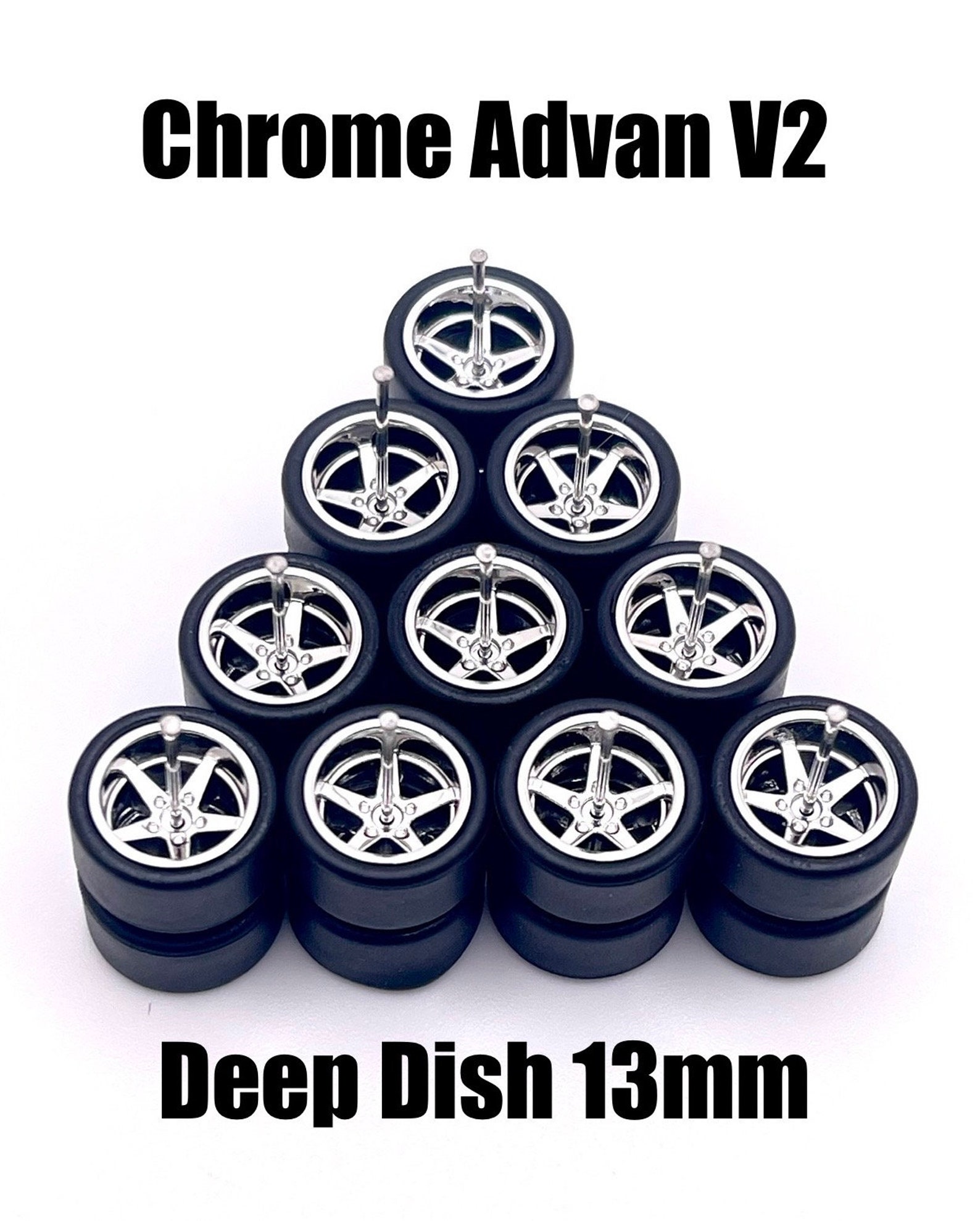 Chrome Advan V2 Deep Dish (5 PACK SET) 13mm - 1/64 Scale W/ Rubber ...