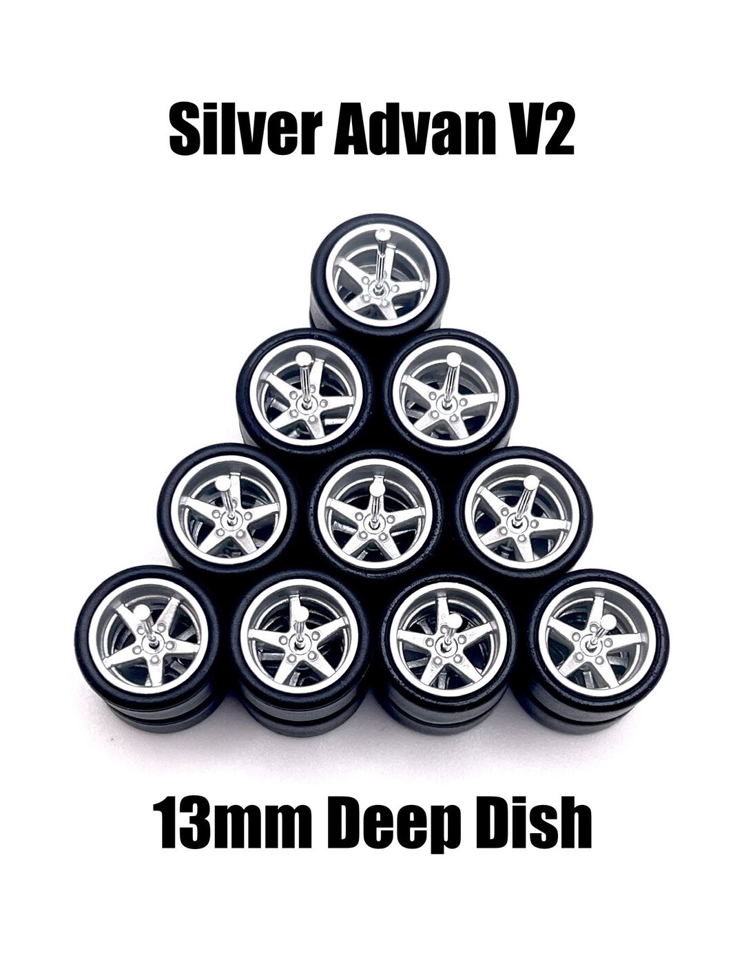 Silver Advan V2 Deep Dish (5 PACK SET) 13mm - 1/64 Scale W/ Rubber ...