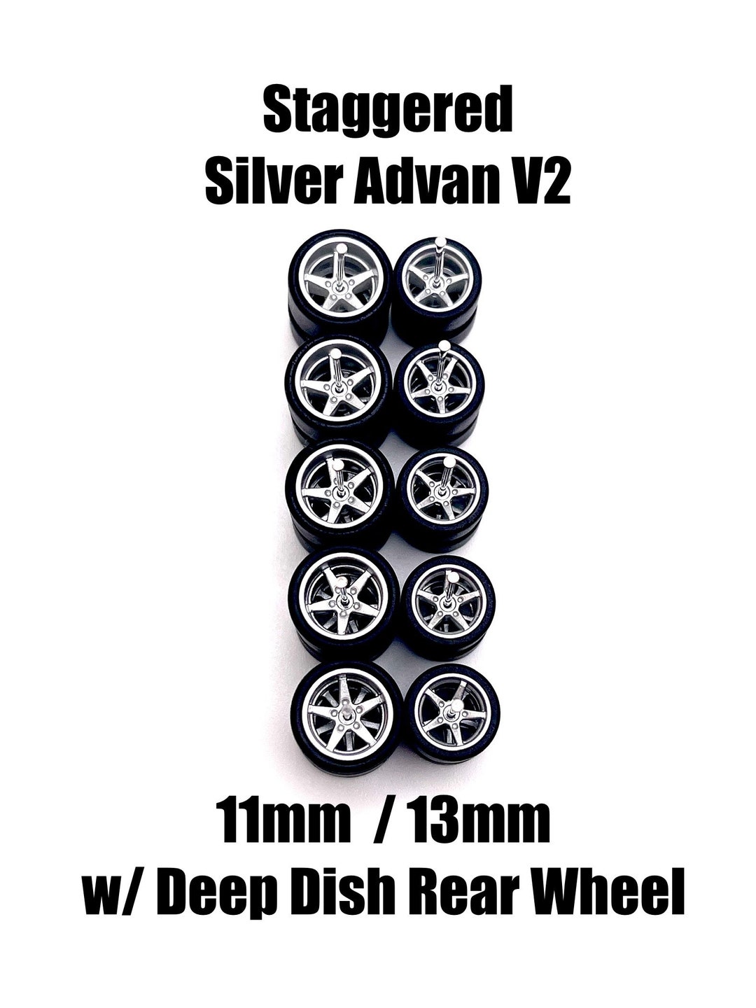 Staggered Silver Advan V2 (5 PACK SET) 11mm/13mm - 1/64 Scale W/ Rubber ...
