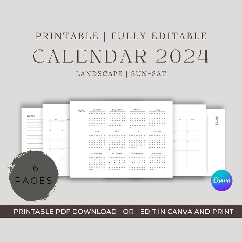 Printable 2024 Calendar, Landscape Planner Calendar, Monthly Calendar ...