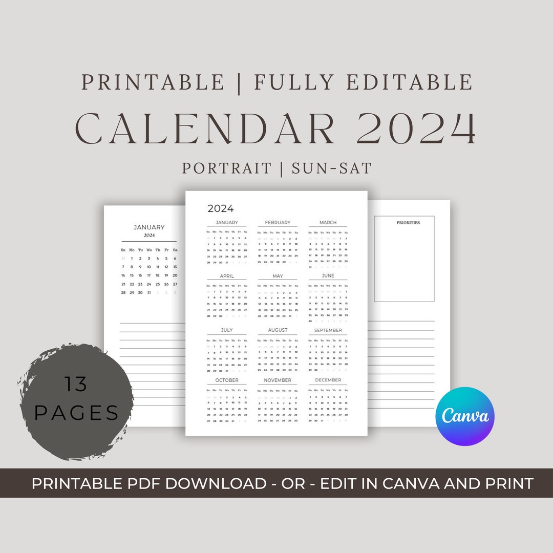 Printable 2024 Calendar, Portrait Planner Calendar, Monthly Calendar ...