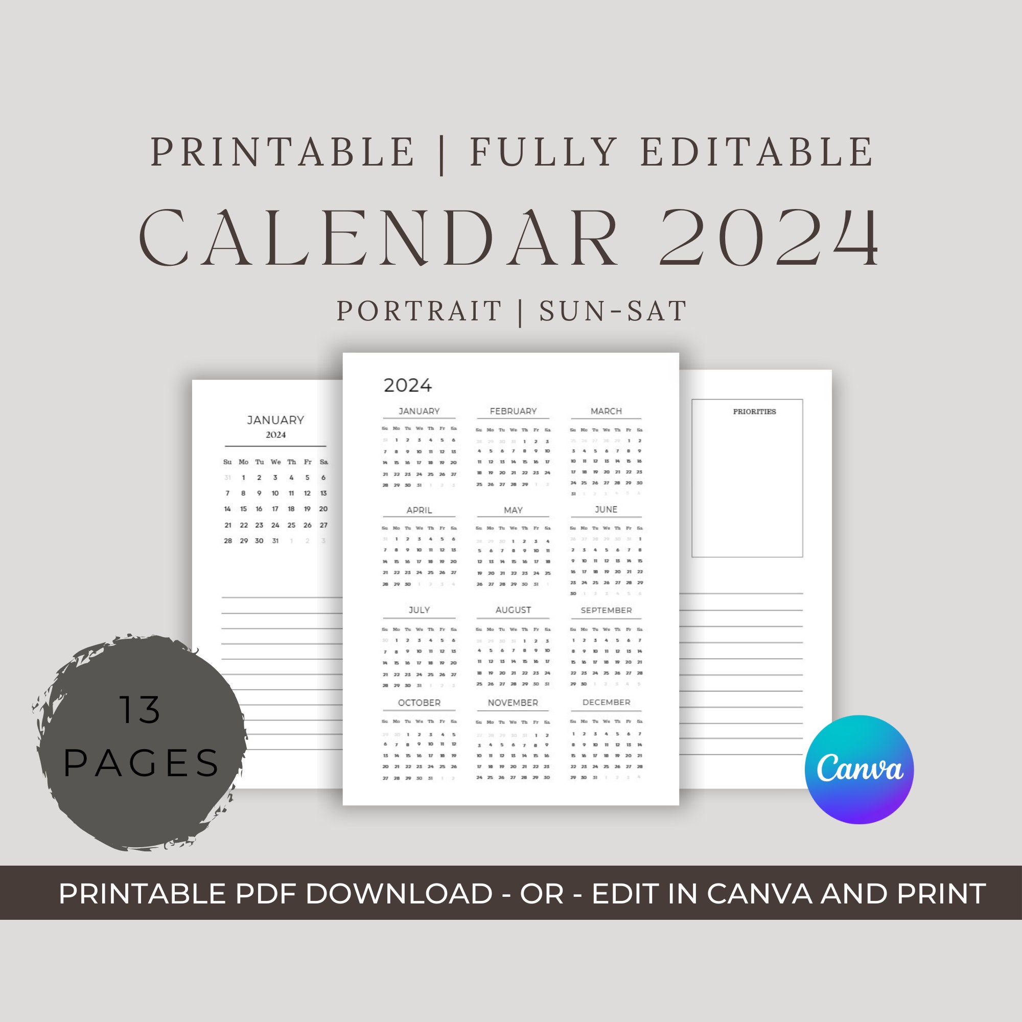 Printable 2024 Calendar, Portrait Planner Calendar, Monthly Calendar ...