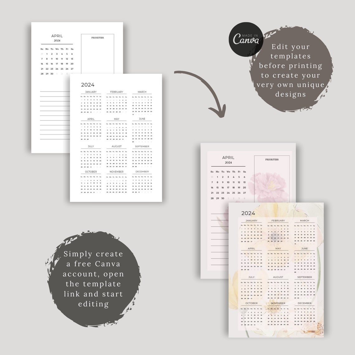 Printable 2024 Calendar, Portrait Planner Calendar, Monthly Calendar ...
