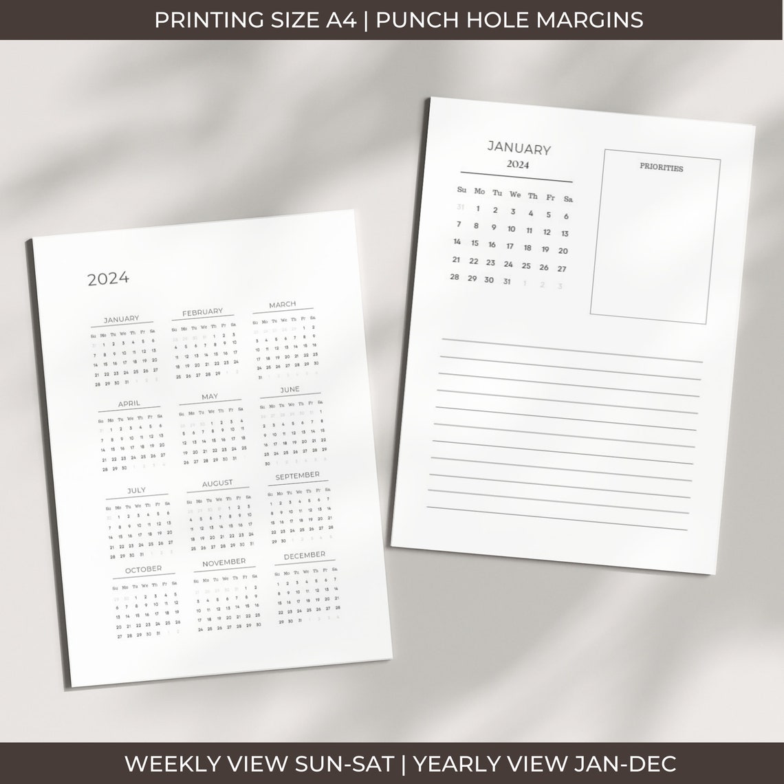 Printable 2024 Calendar, Portrait Planner Calendar, Monthly Calendar ...