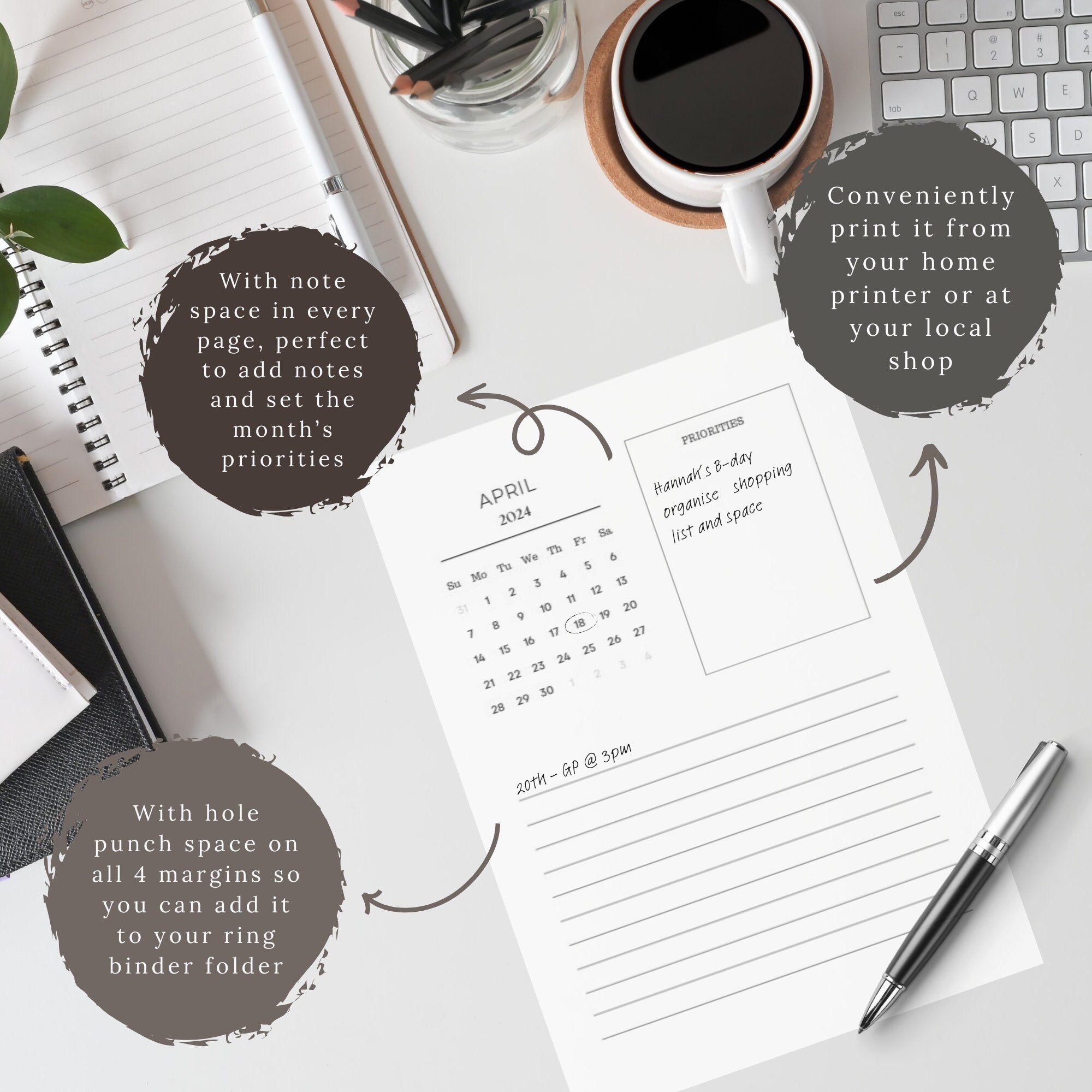 Printable 2024 Calendar, Portrait Planner Calendar, Monthly Calendar ...