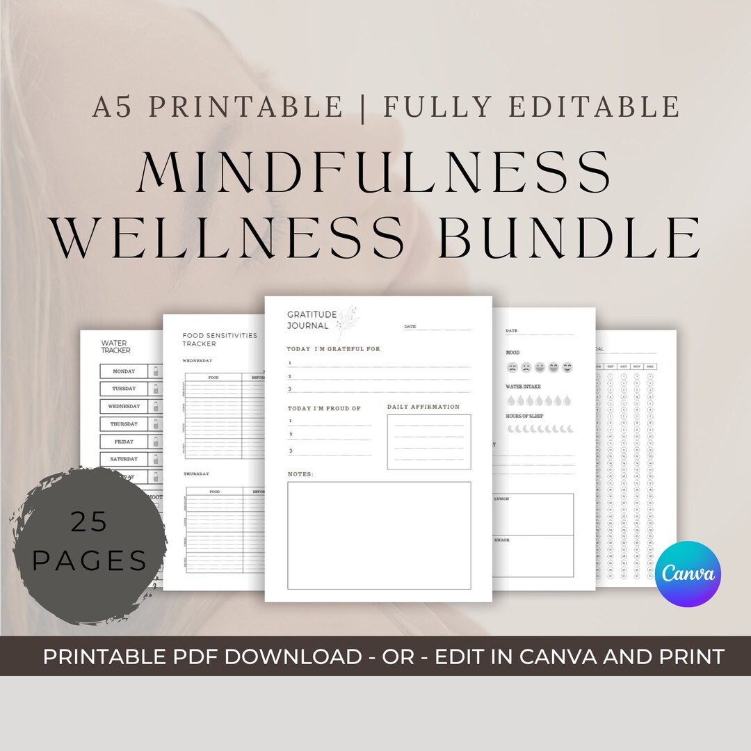 A5 Mindfulness Journal Printable, Wellness Bundle, Gratitude Journal ...