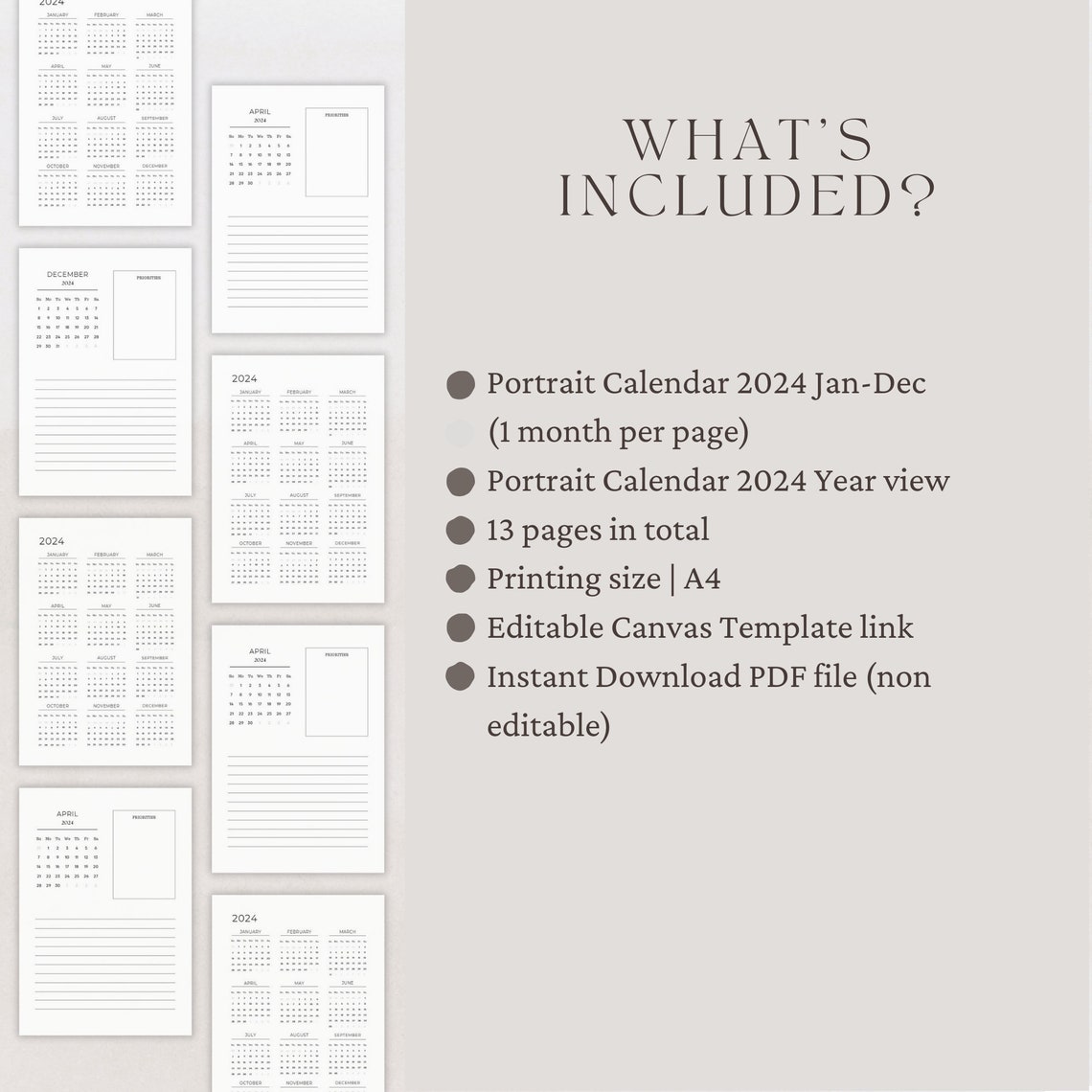 Printable 2024 Calendar, Portrait Planner Calendar, Monthly Calendar ...