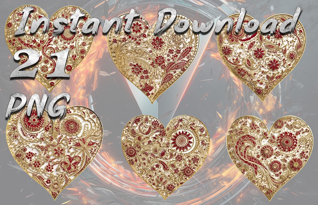 Floral Gold Hearts Clipart, Valentine's Day PNG Illustrations (digital ...