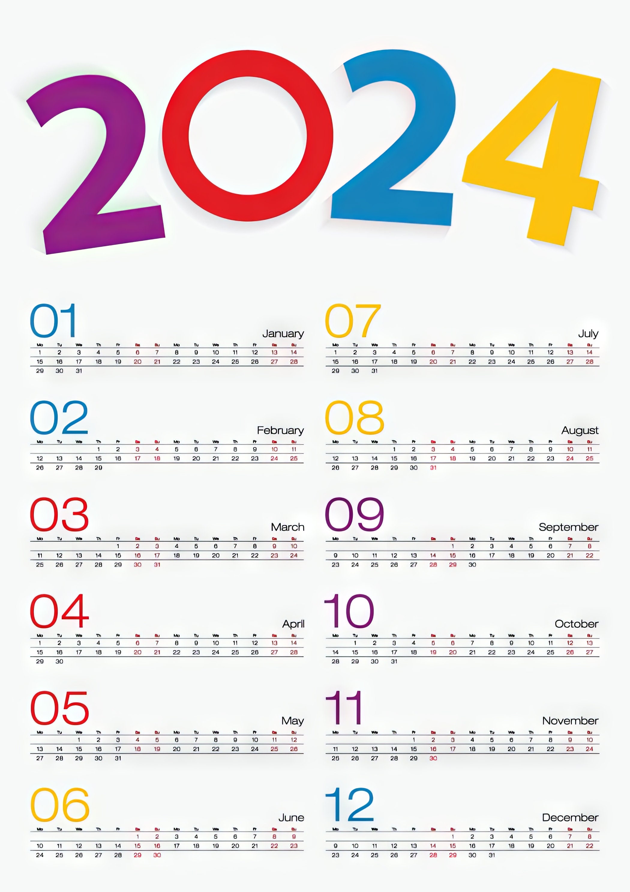 Calendario 2024 Anual Calendario de pared 2024 Calendario imprimible ...