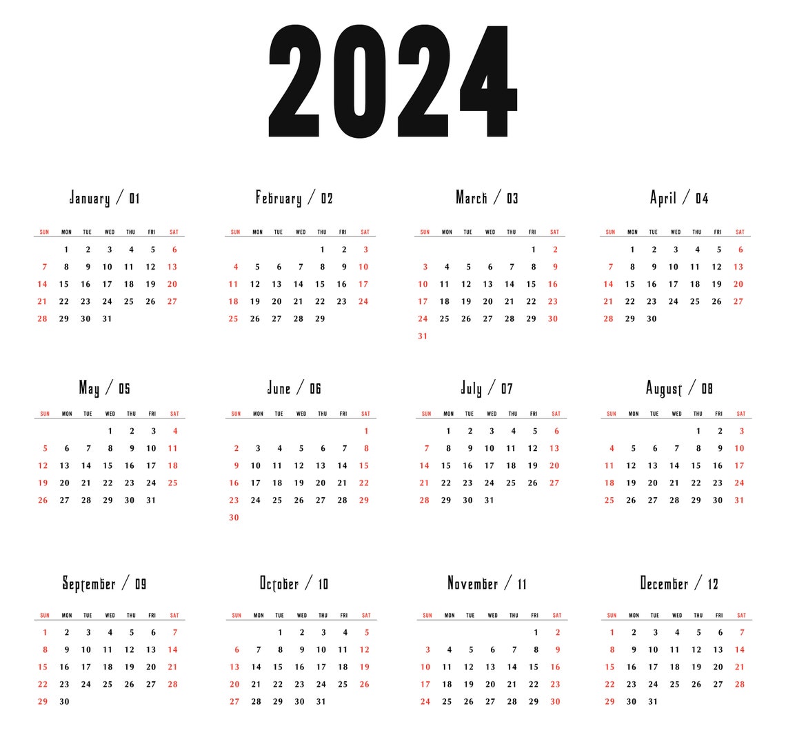 Calendrier 2024 annuel Calendrier mural 2024 imprimable Calendrier 2024 ...