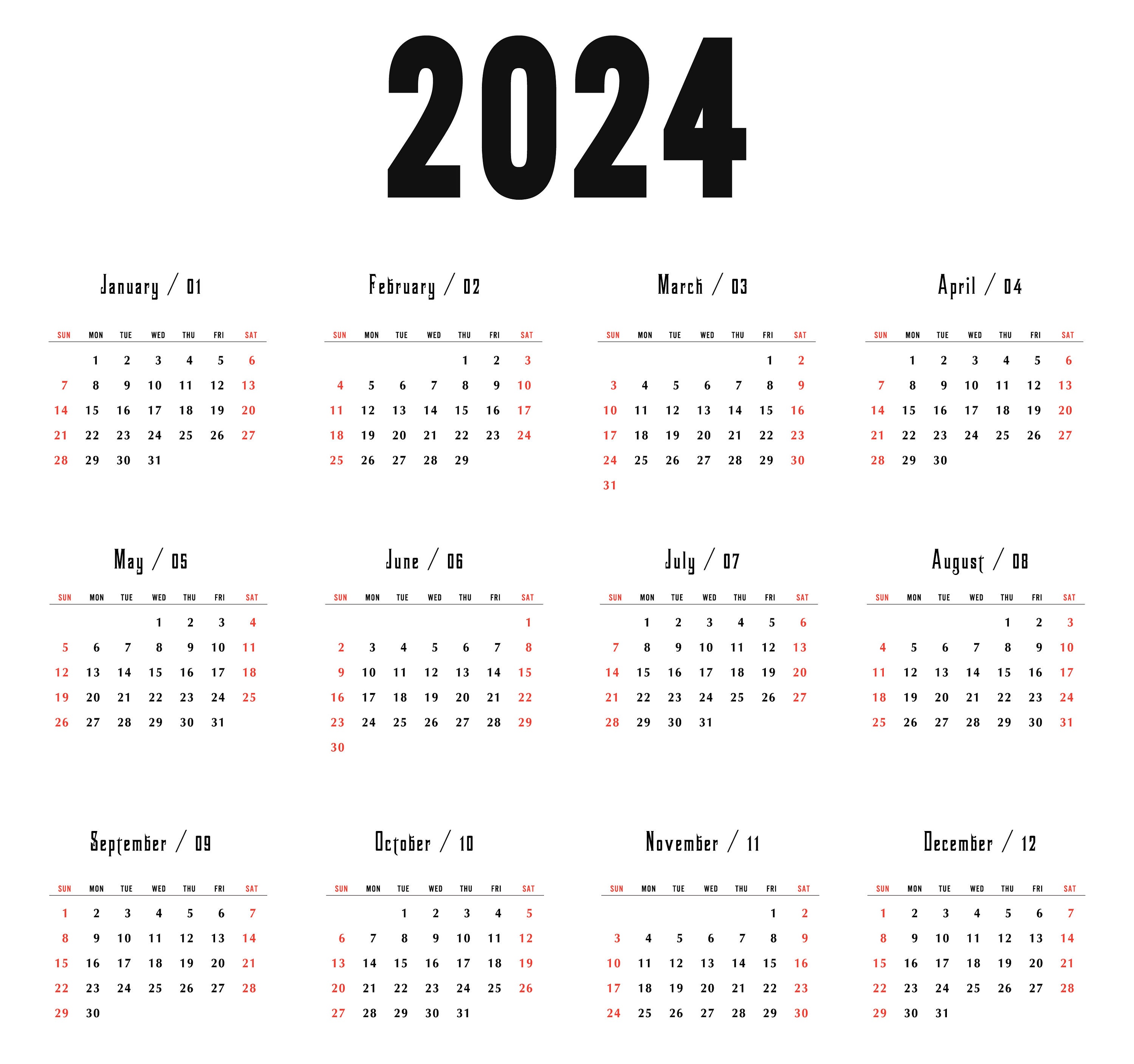 Calendrier 2024 annuel Calendrier mural 2024 imprimable Calendrier 2024 ...