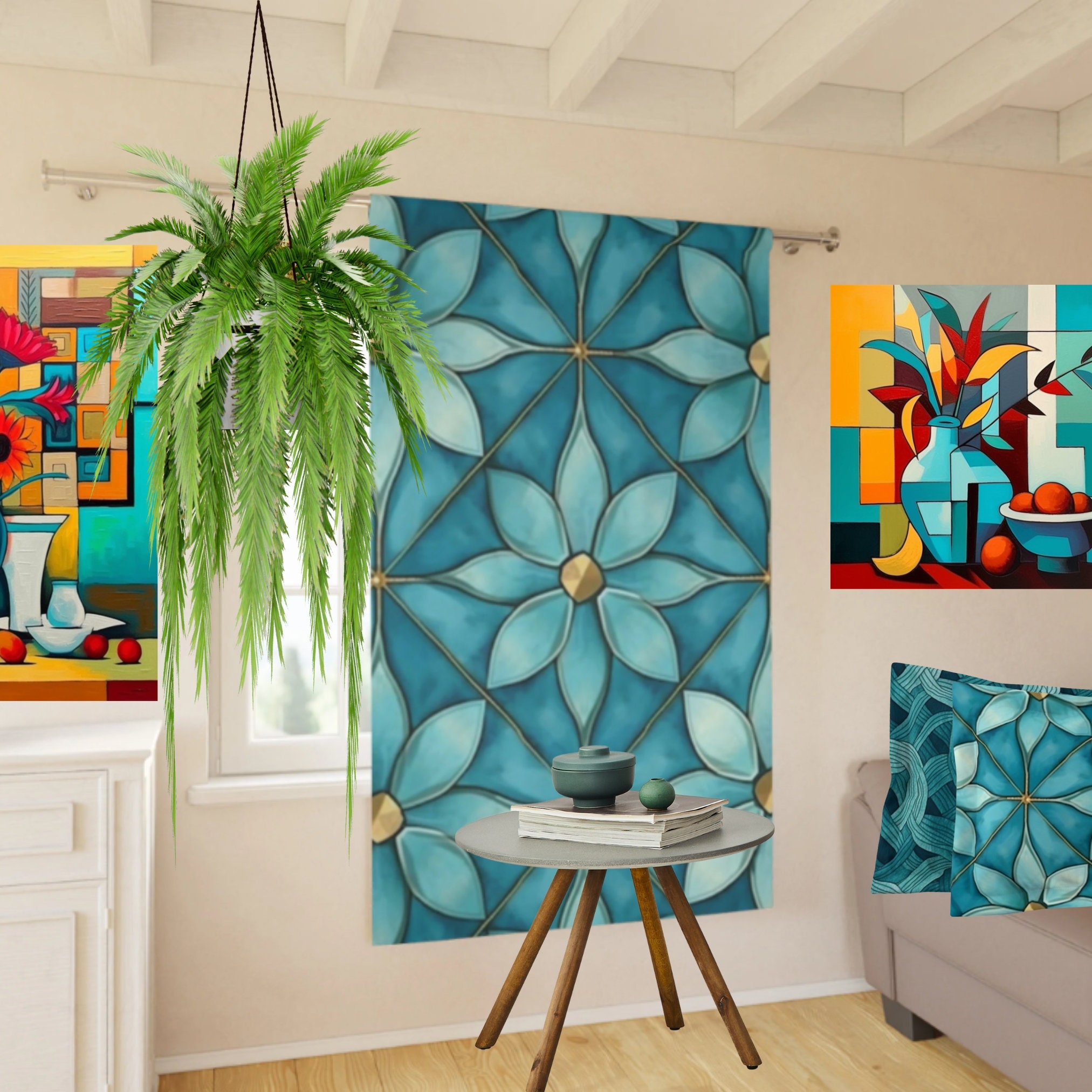 Turquoise and Teal Floral Graphic Design Blackout Window Curtains ...