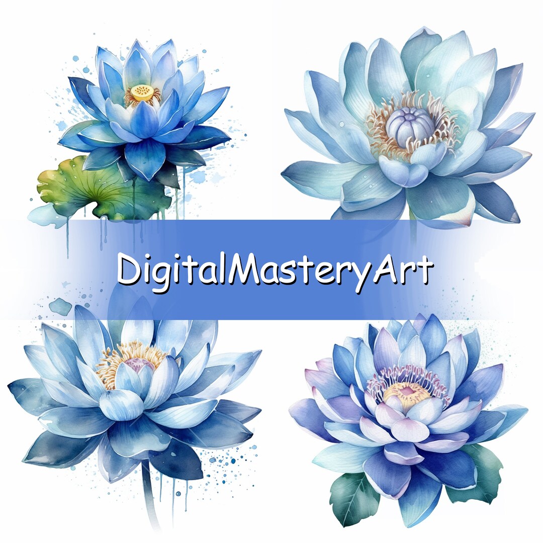 Stunning Bule Lotus Clipart, Handcrafted Watercolor Art for Digital and ...