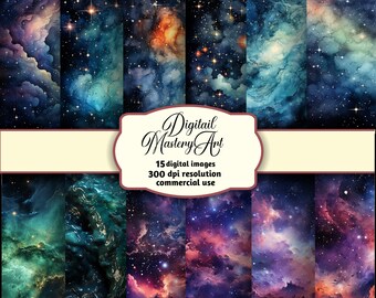 Watercolor Stardust Digital Paper, Starfield Galaxy Night Sky Cosmic ...