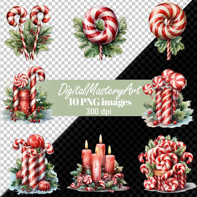 High-quality Candy Cane Clipart Collection: Festive Watercolor ...
