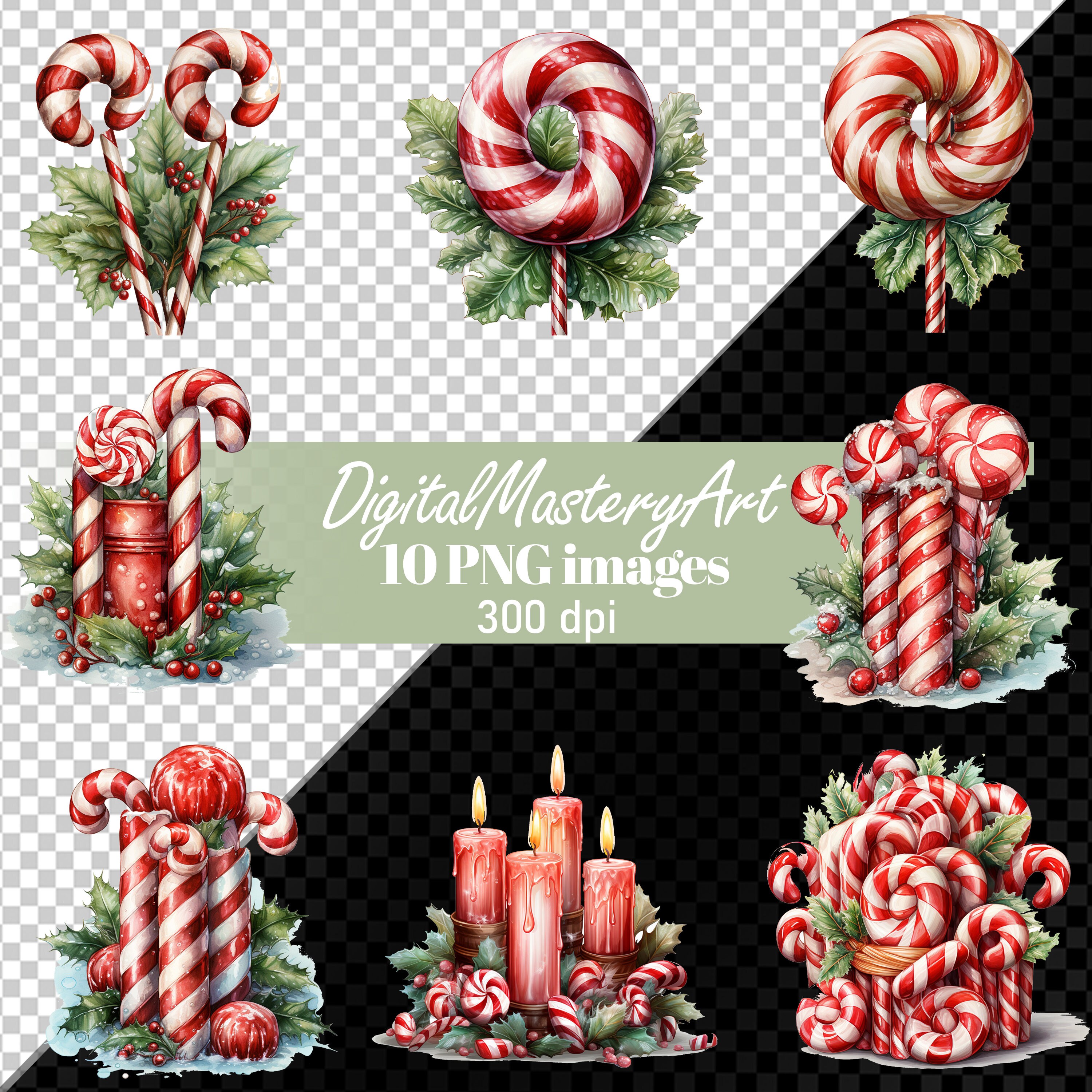High-quality Candy Cane Clipart Collection: Festive Watercolor ...