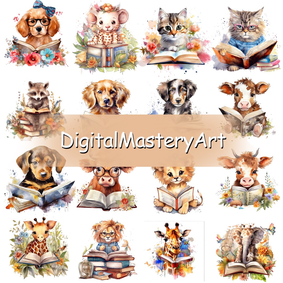 17 Watercolor Fantasy Animal Reading Books Clipart Whimsical Designs ...