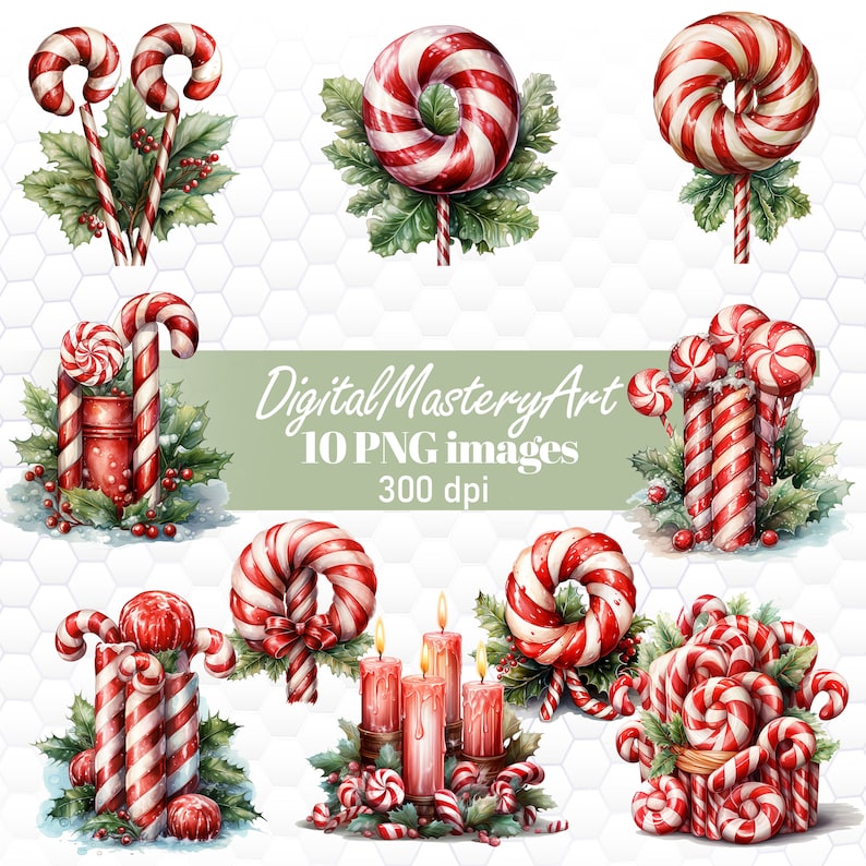 High-quality Candy Cane Clipart Collection: Festive Watercolor ...