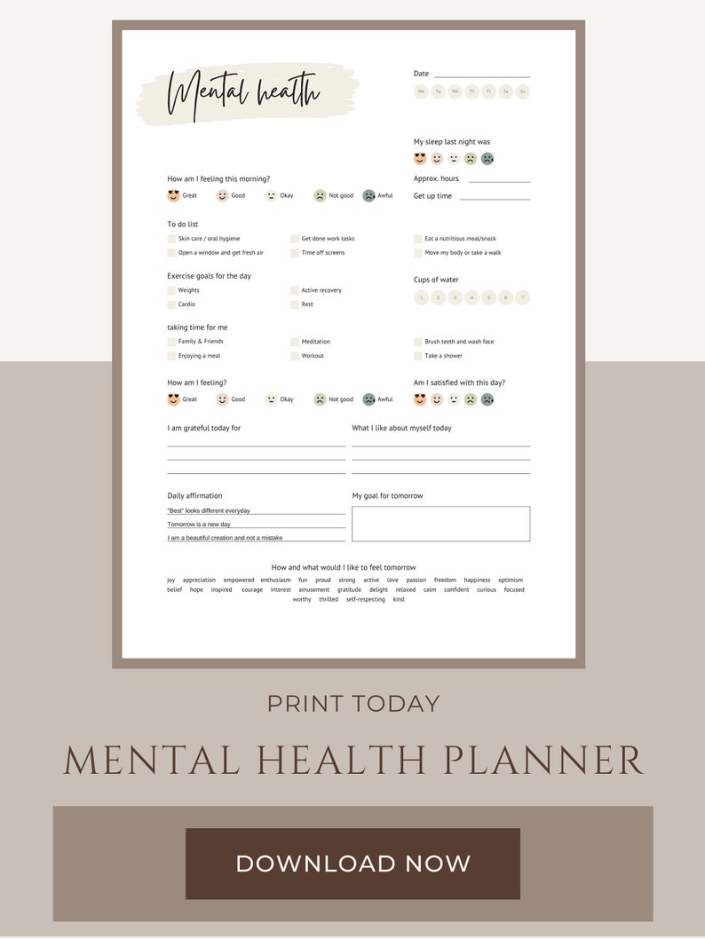 Mental Health Planner | Instant Download | Mindfulness Tracker | Mood ...