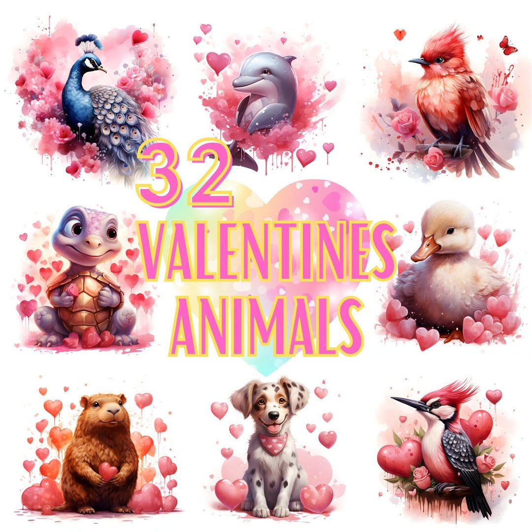 Valentine's Day Animals Clipart, Hearts Design Bundle, Gifts - Etsy