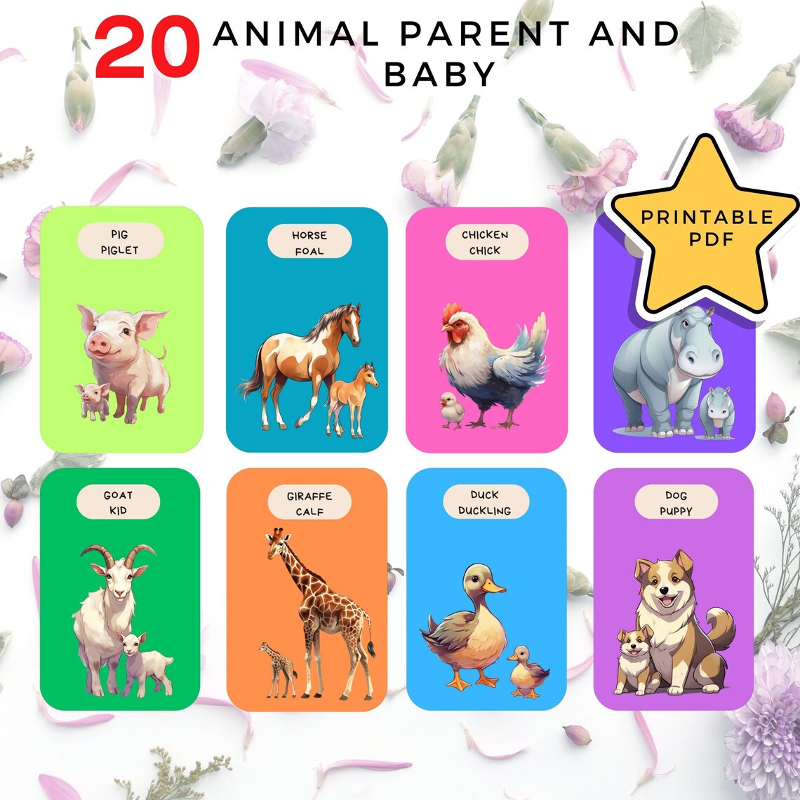Set of 20 Parent & Baby Animals Flashcards, Educational Flash Card ...