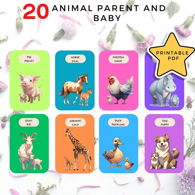 Set of 20 Parent & Baby Animals Flashcards, Educational Flash Card ...