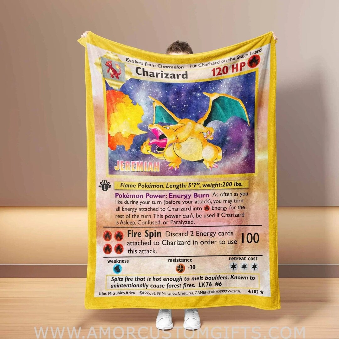 Custom PK Charizard First Edition Blanket Personalized Pokemon Card ...