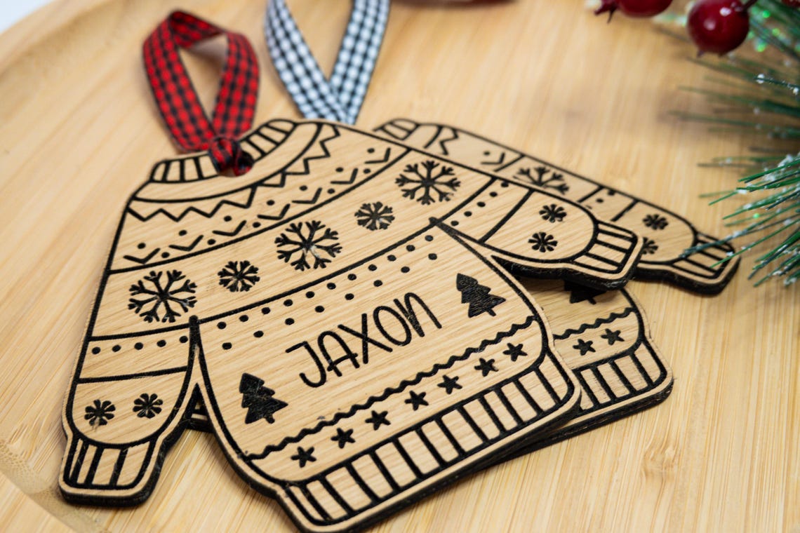 Personalized Wooden Ugly Sweater Ornament | Custom Christmas Name Tag ...