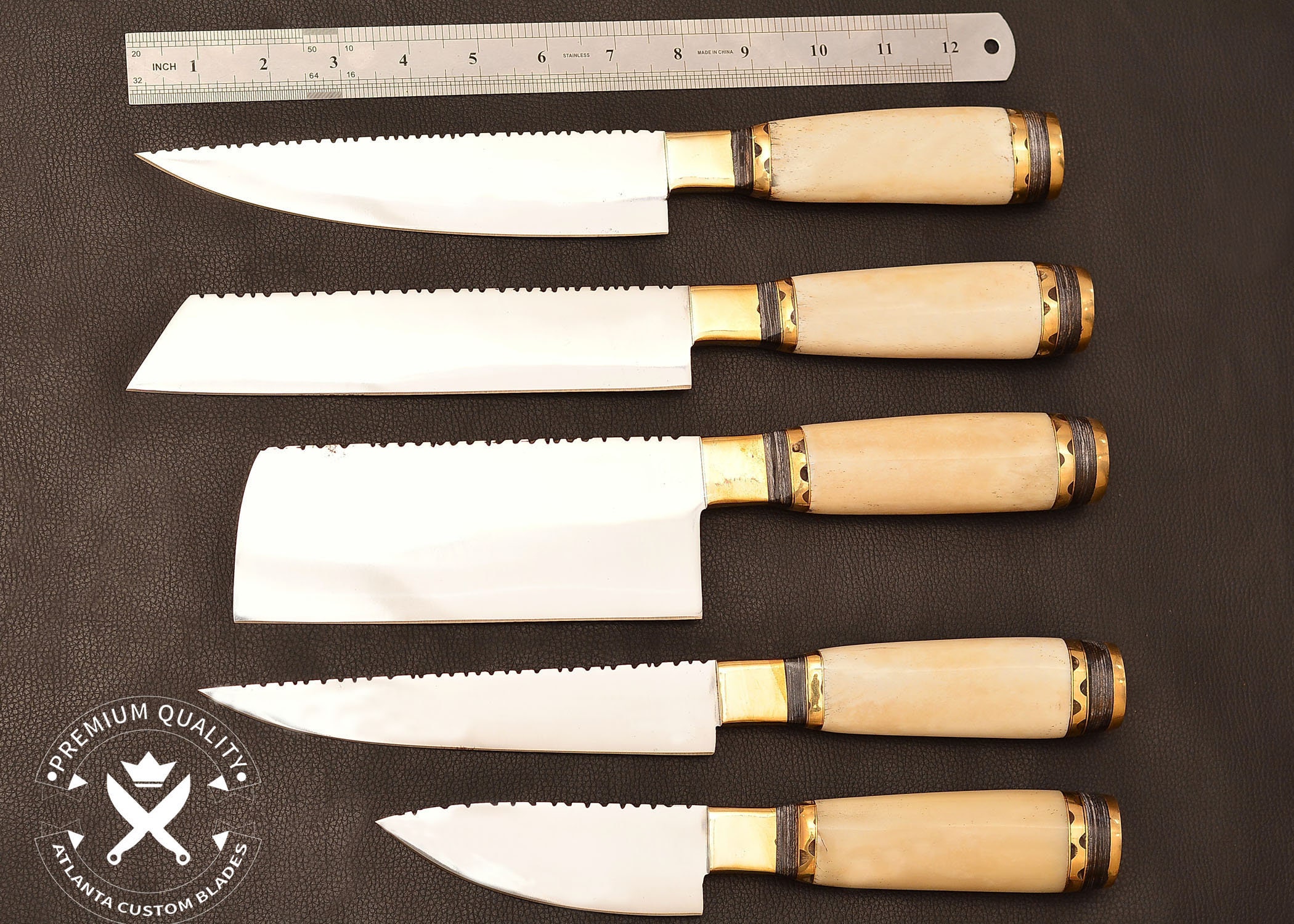 Japanese Style Kitchen Knives CHEF SET Handmade D2 Steel With Cow BONE ...