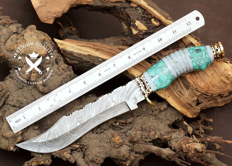 Damascus Steel BOWIE KNIFE 13 Inches Aqua Turquoise Style Resin Handle ...