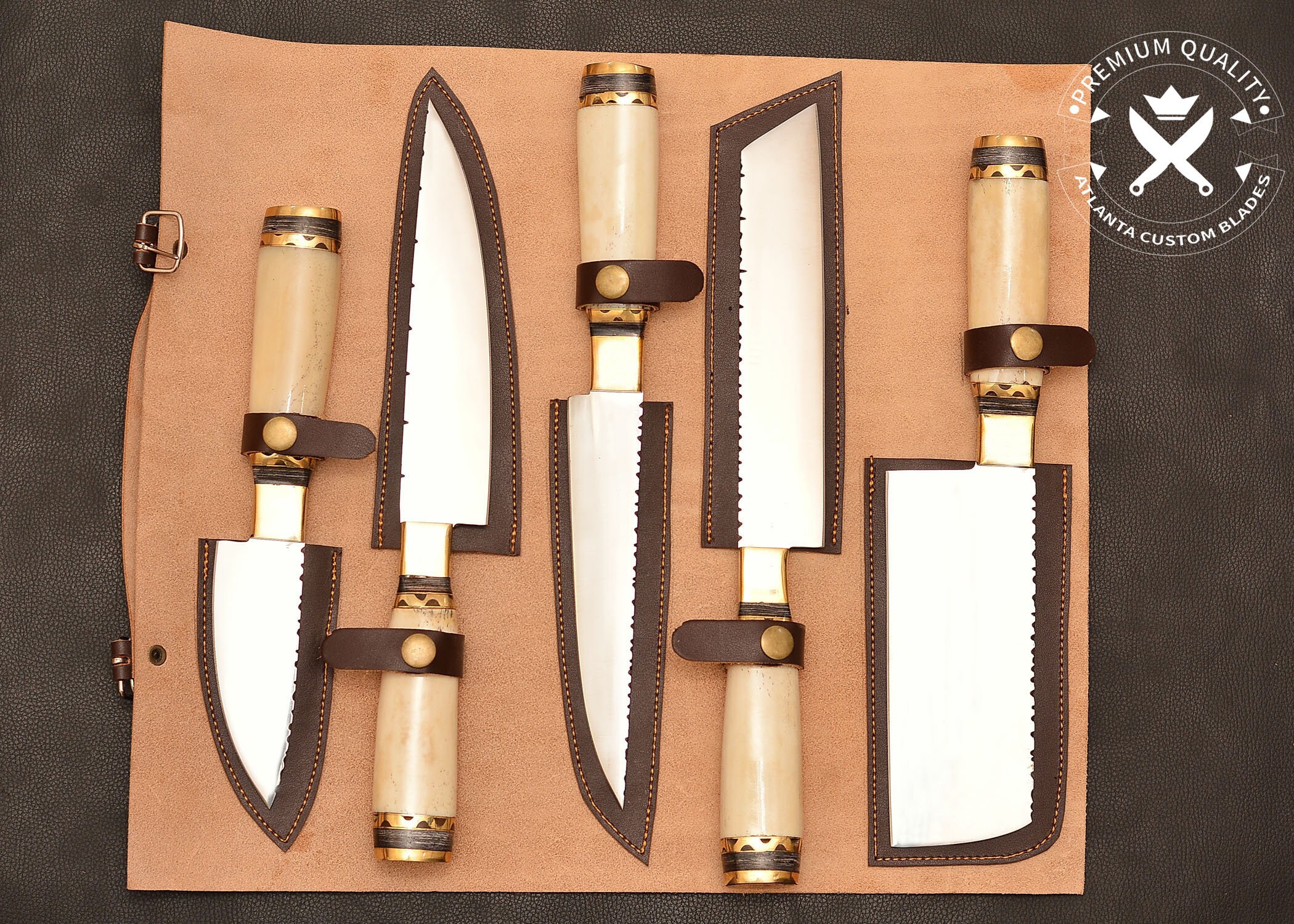 Japanese Style Kitchen Knives CHEF SET Handmade D2 Steel With Cow BONE ...