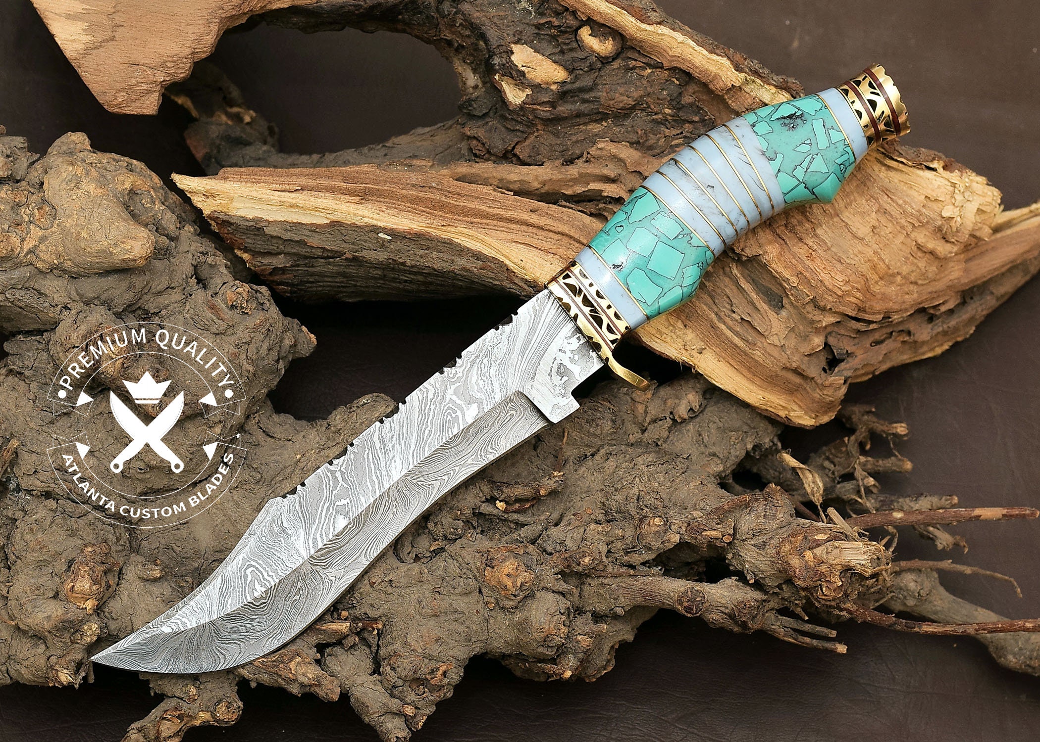 Damascus Steel BOWIE KNIFE 13 Inches Aqua Turquoise Style Resin Handle ...