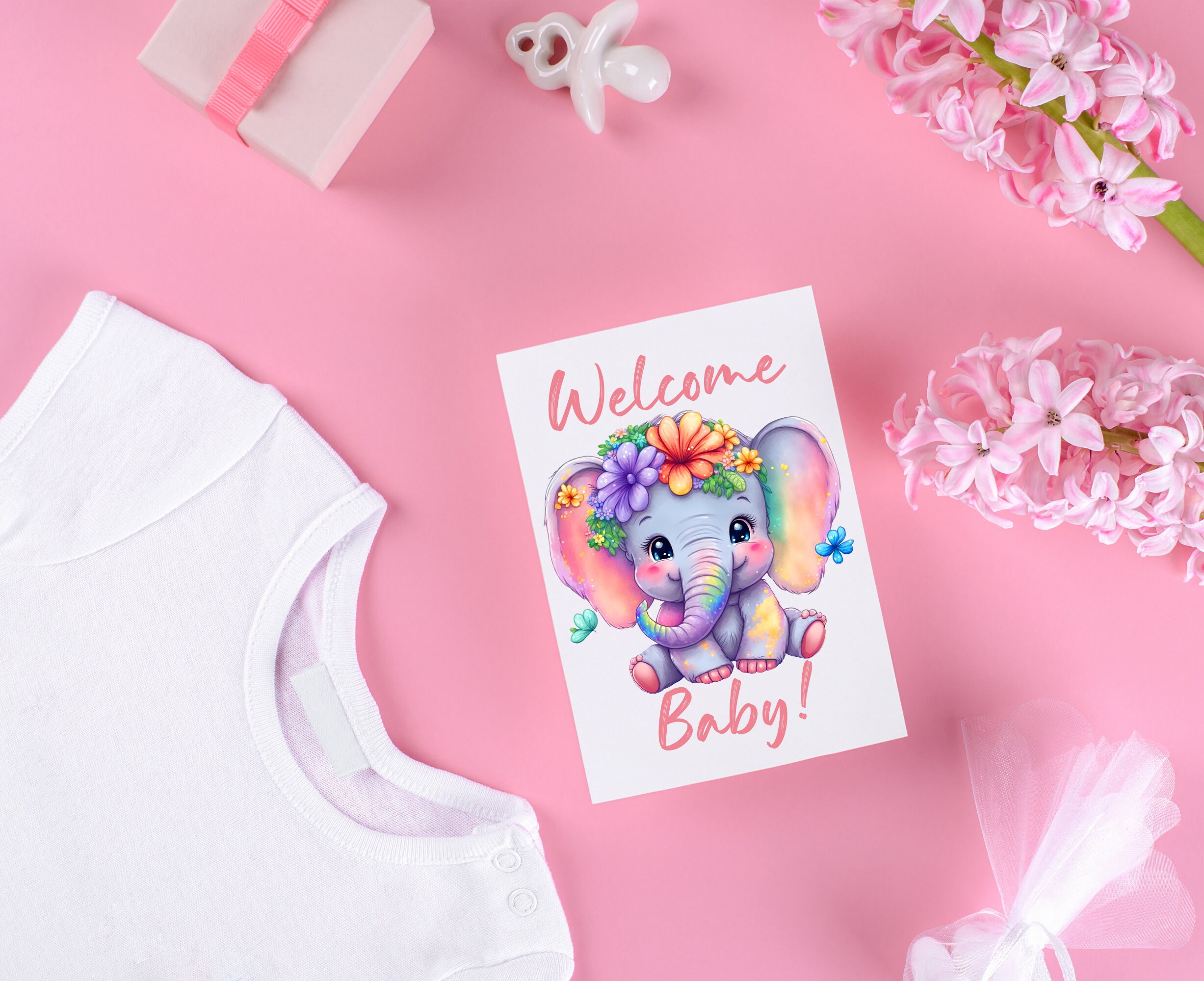 Baby Shower Card, Baby Girl Card, Adorable 'welcome Baby' Elephant Card ...