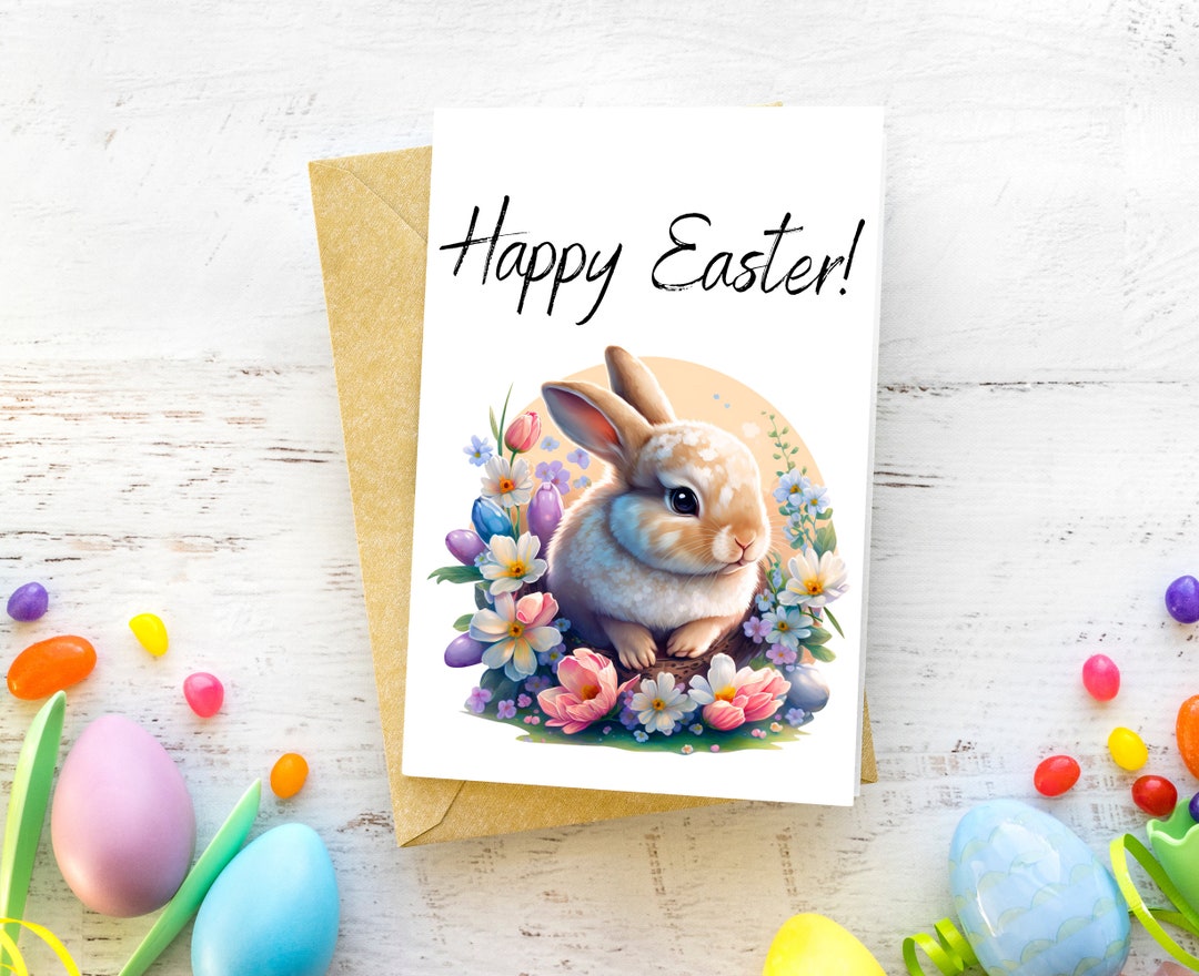 Easter Rabbit Card Spring Bunny Card Floral Greeting Card Easter Card ...