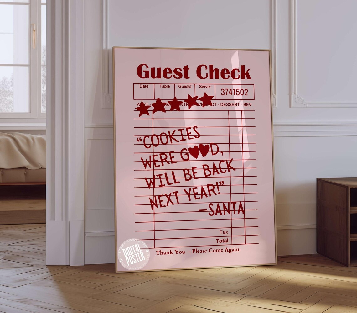 Santa’s Cookie Guest Check, 5-star Review Art, Printable Christmas Wall ...