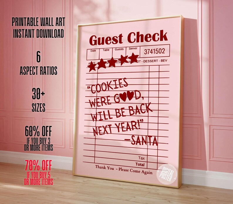 Santa’s Cookie Guest Check, 5-star Review Art, Printable Christmas Wall ...