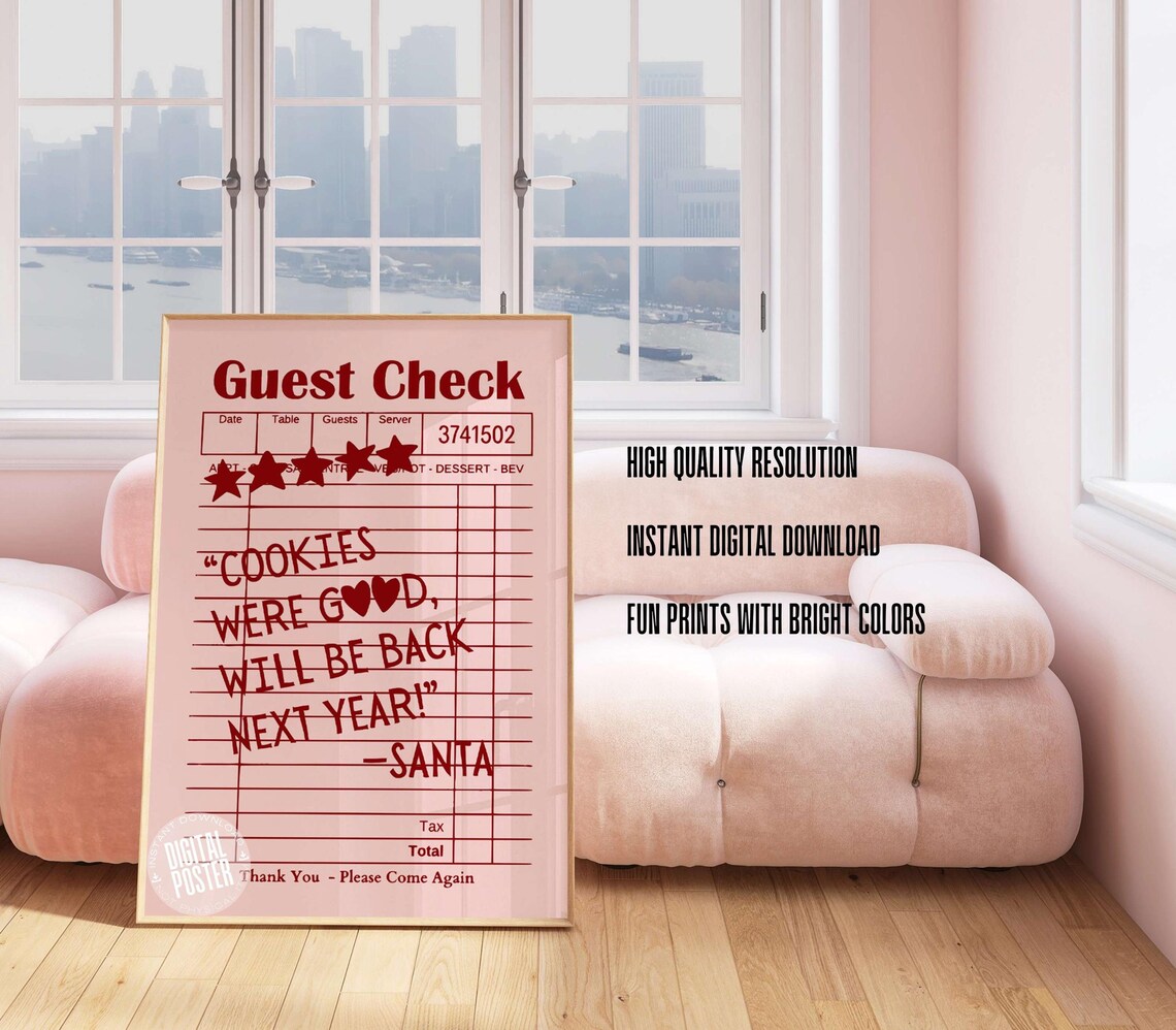 Santa’s Cookie Guest Check, 5-star Review Art, Printable Christmas Wall ...