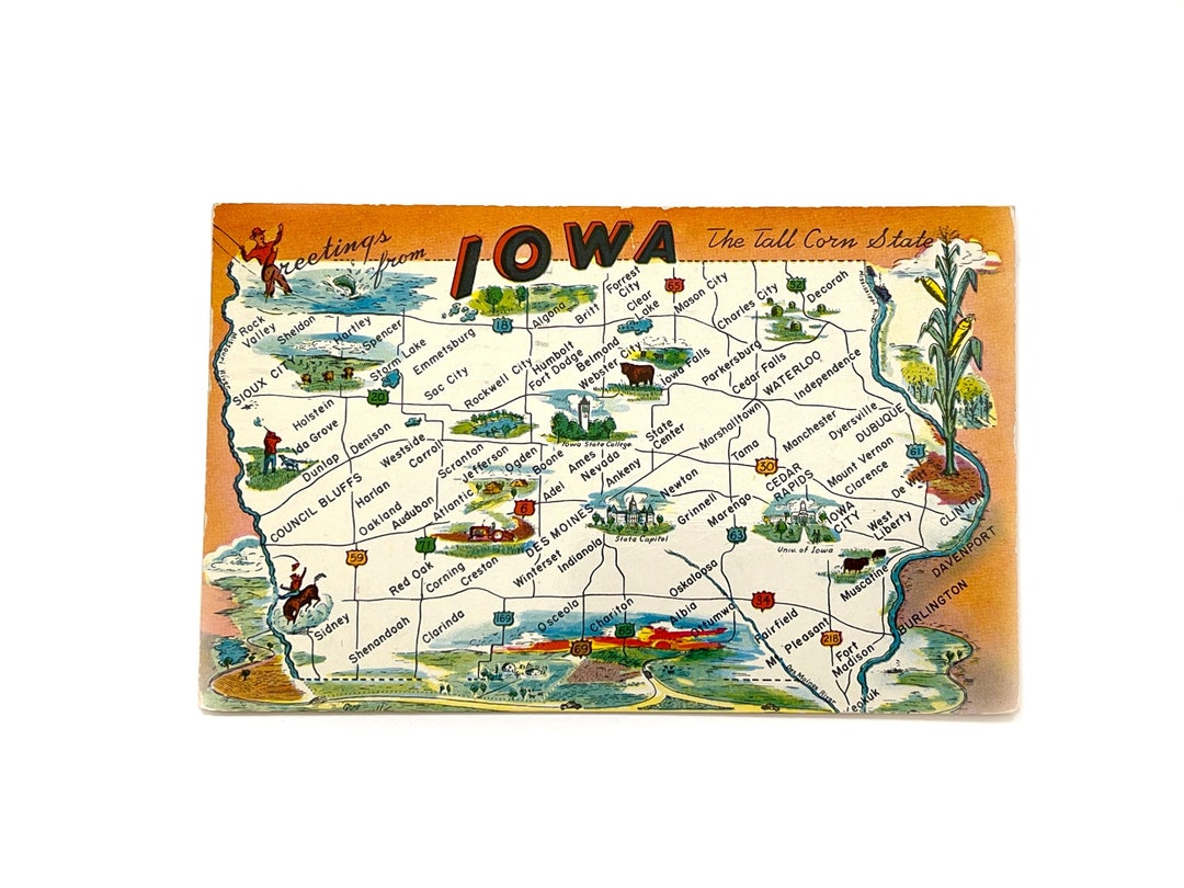 Vintage 1956 Greetings From Iowa Map Postcard - the Tall Corn State ...
