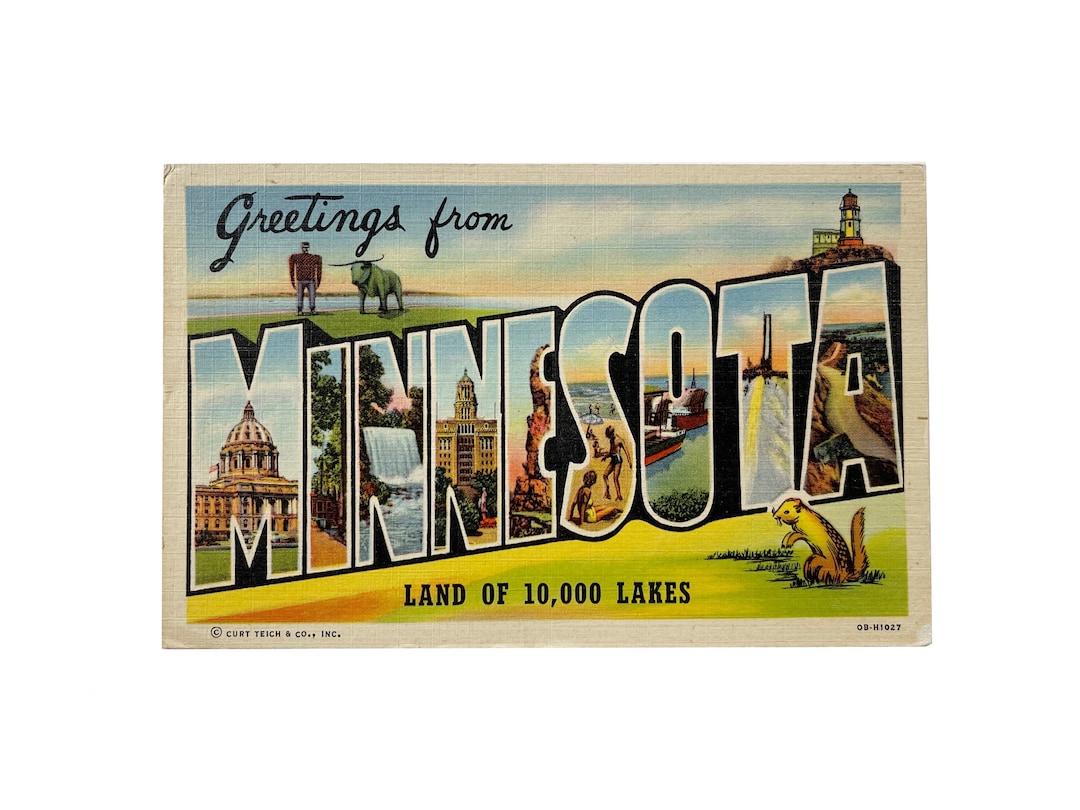 Vintage 1940s Greetings From Minnesota Tourism Postcard - Land of ...
