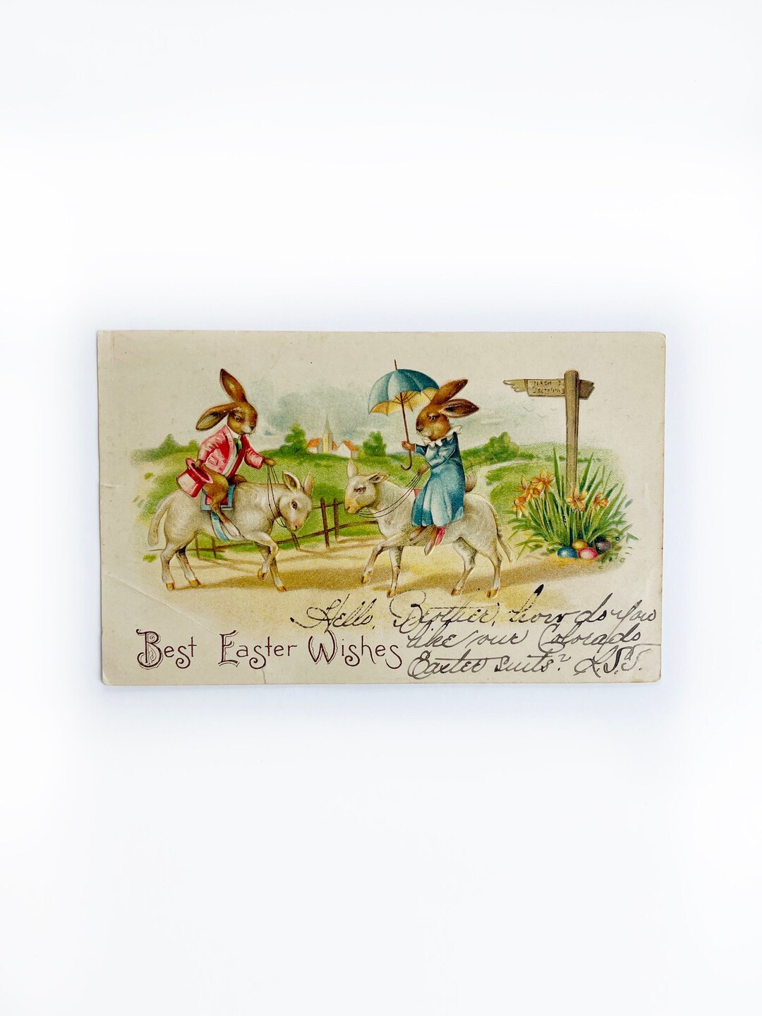 Vintage 1907 Easter Embossed Post Card of Dressed Bunny Rabbits Riding ...
