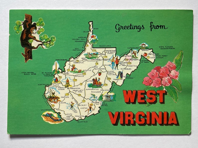 Vintage 1980s Greetings From West Virginia Map Tourism Landmark ...