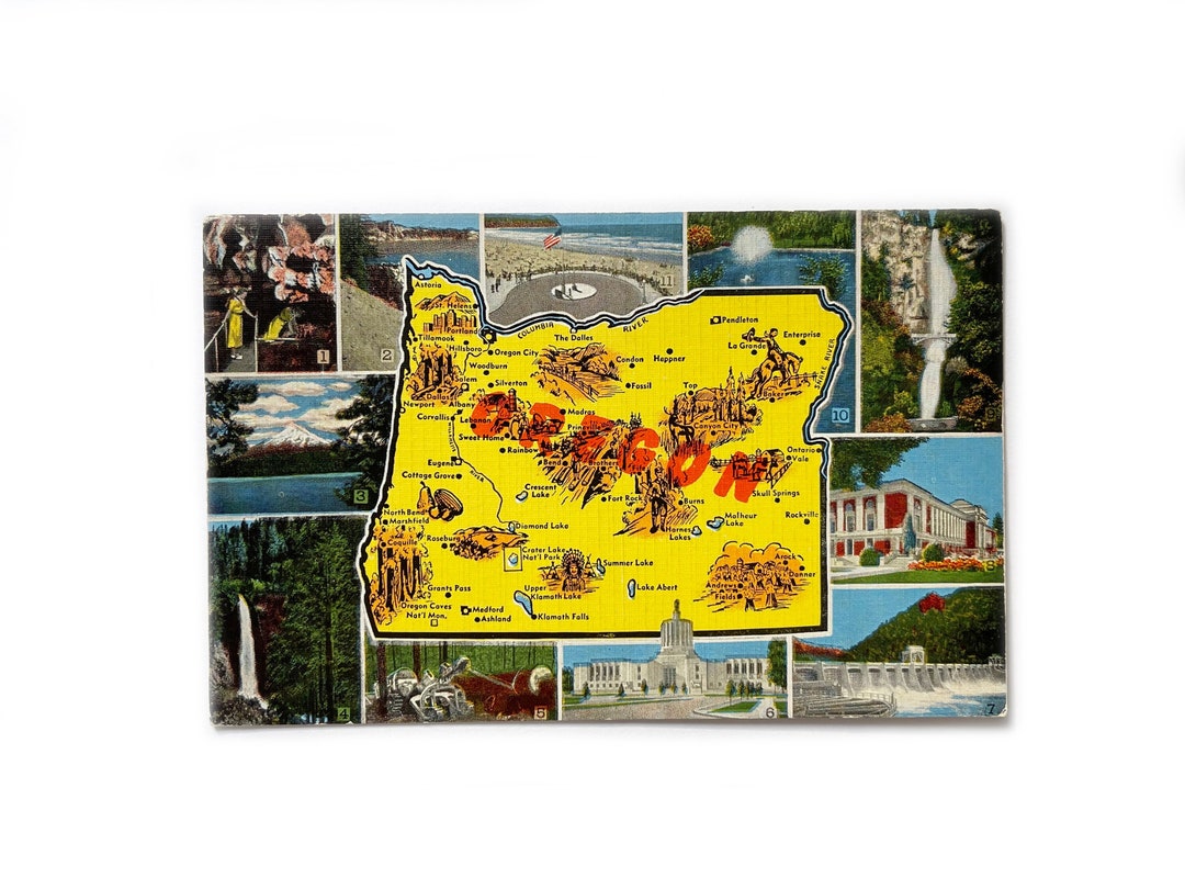 Vintage 1940s Greetings From Oregon Tourism Map and Landmark Postcard ...