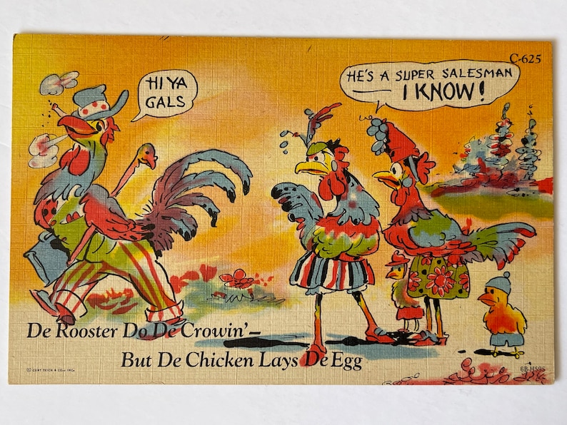 Vintage 1940s Unused Comic De Rooster De Chicken Post Card - Curt Teich ...
