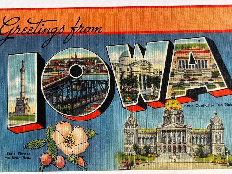 Vintage 1940s Greetings From Iowa Big Large Letter Post Card - Tichnor ...