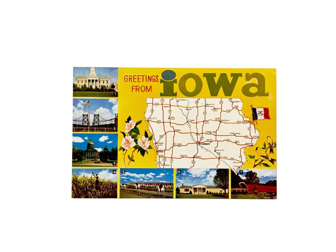 Vintage 1950s Greetings From Iowa Map Postcard - Landmarks and Tourism ...