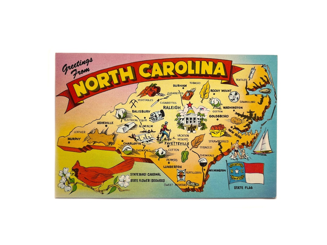 Vintage 1950s Greetings From North Carolina Tourism Map Postcard - the ...