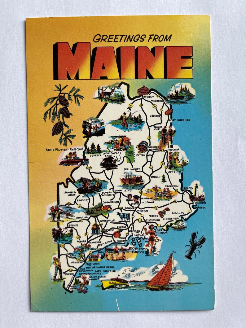 Vintage 1960s Greetings From Main Tourism Map Postcard - the Pine Tree ...
