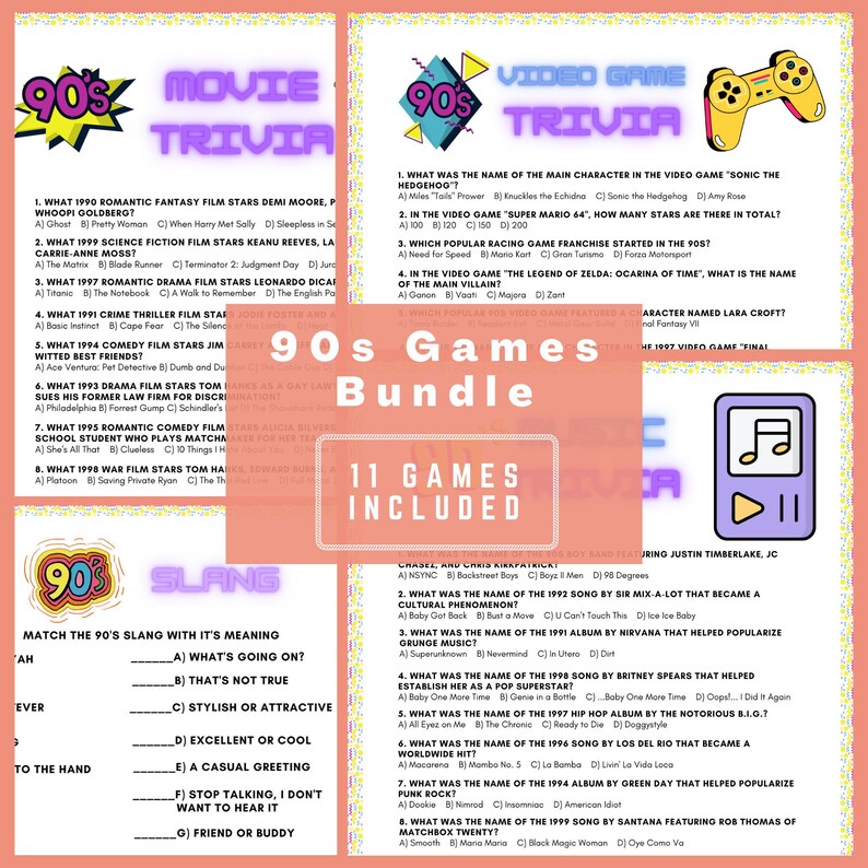 90s Games Bundle Printable, 90s Activities, 90s Party Games, 90s Trivia ...