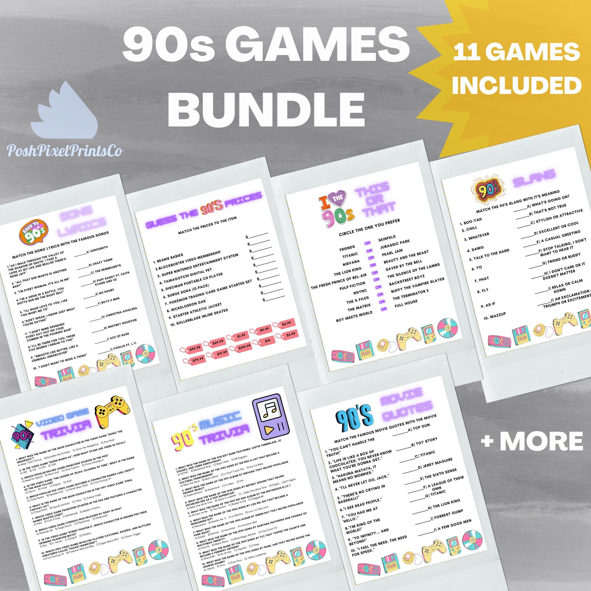 90s Games Bundle Printable, 90s Activities, 90s Party Games, 90s Trivia ...
